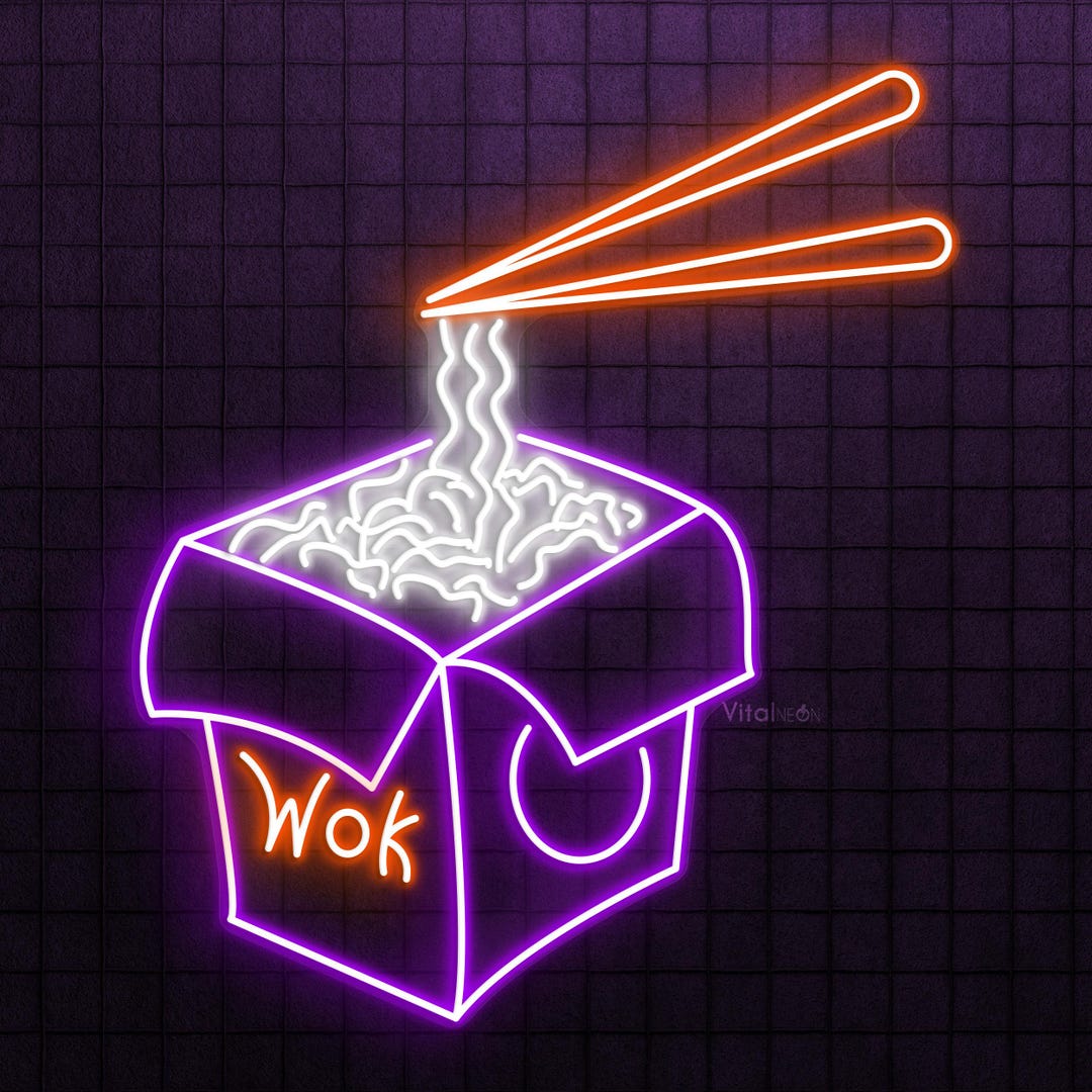 Wok Neon Sign, LED Light, Noodle Box Wall Art, Chinese Food Kitchen ...