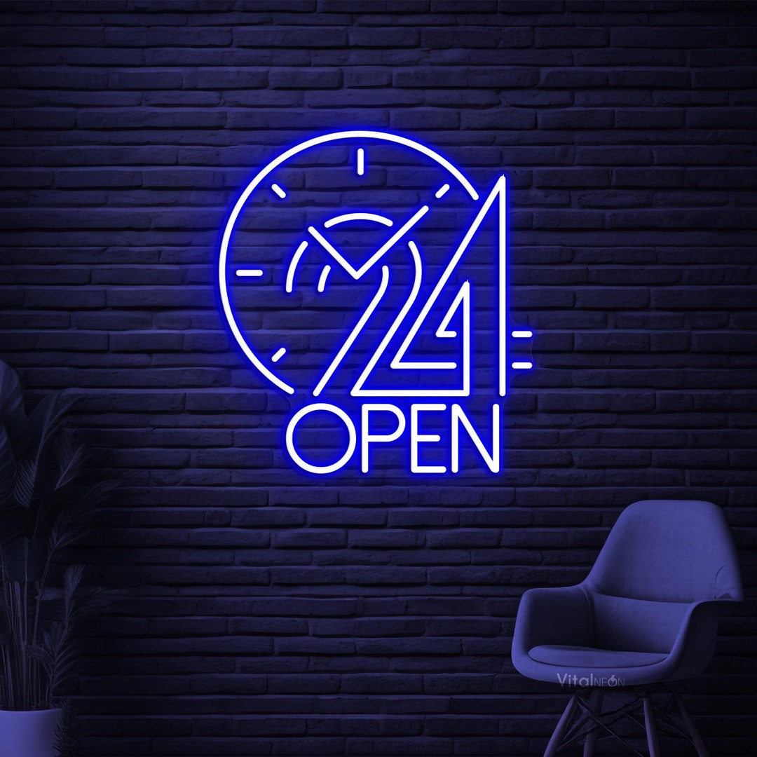 24 Open Neon Sign, 24 Hours Open LED Sign, Clock Wall Decor, Home Wall ...