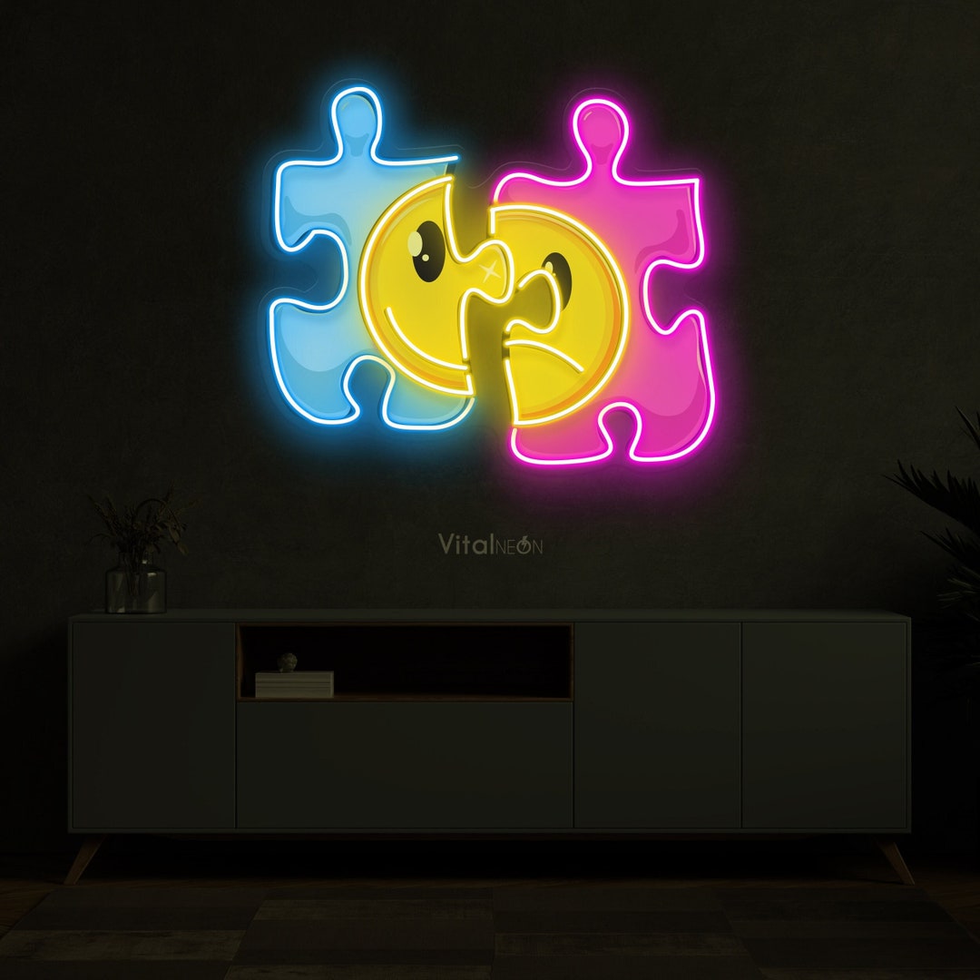 Puzzle Neon Light, LED Pop Art Sign, Emoji Puzzle Wall Decor, Birthday ...