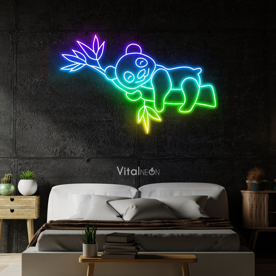 Panda Neon Sign, Cute Panda on Bamboo Branch Neon Light, Kawaii Animal ...
