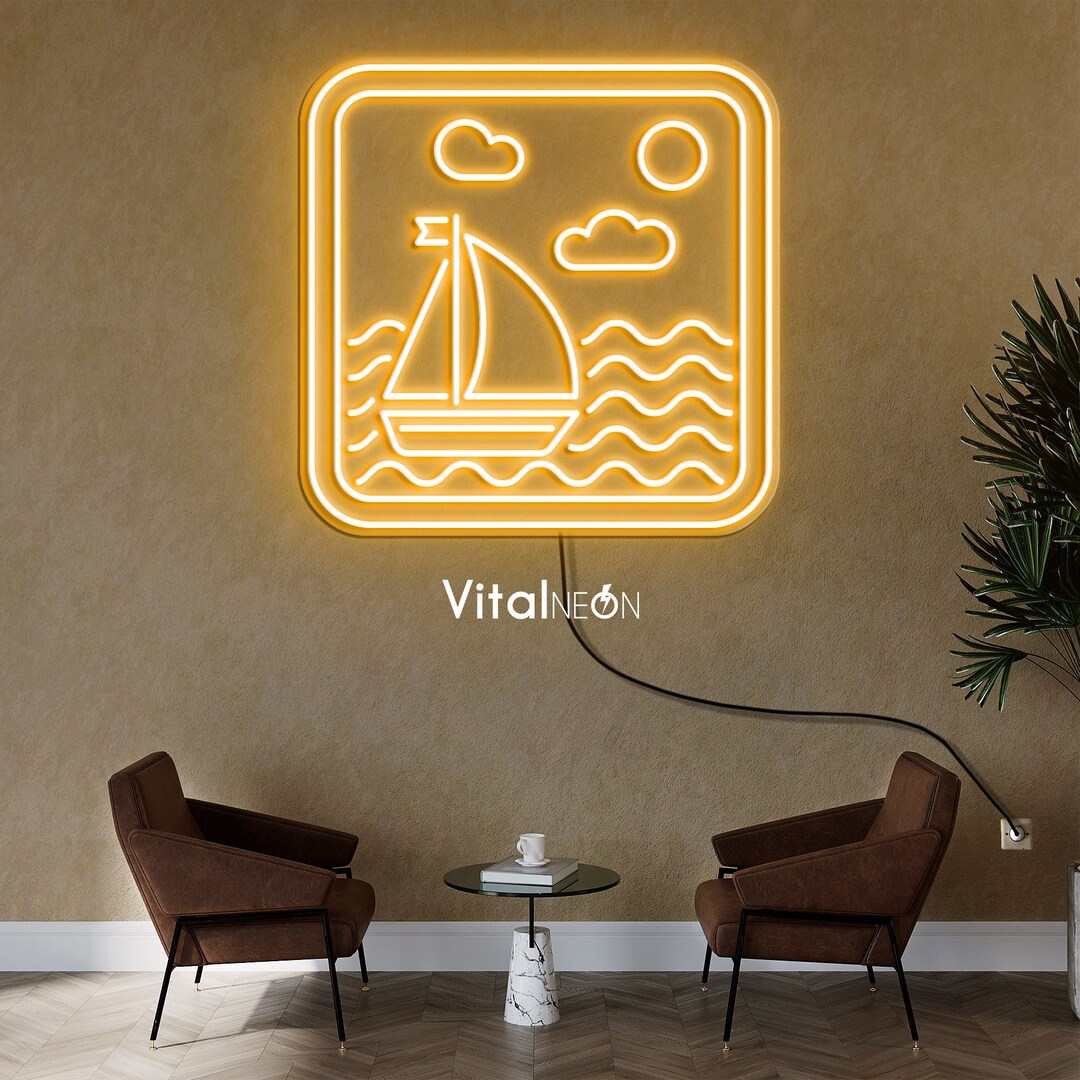 Sailboat Neon Sign, Sailboat in Sea Frame Sign, Boat Neon Light, Sea ...