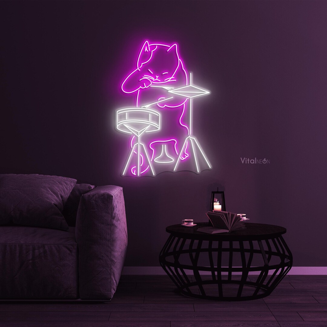 Cat Drummer Neon Sign, Cat Drummer LED Light, Cat Playing Drum Neon ...