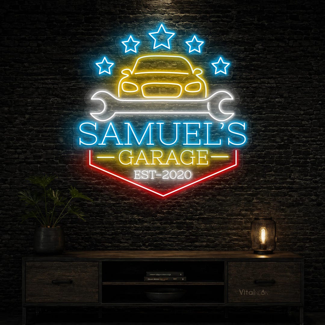 Custom Name Neon Sign 5 Star Garage Auto Shop Mechanic LED Workshop ...