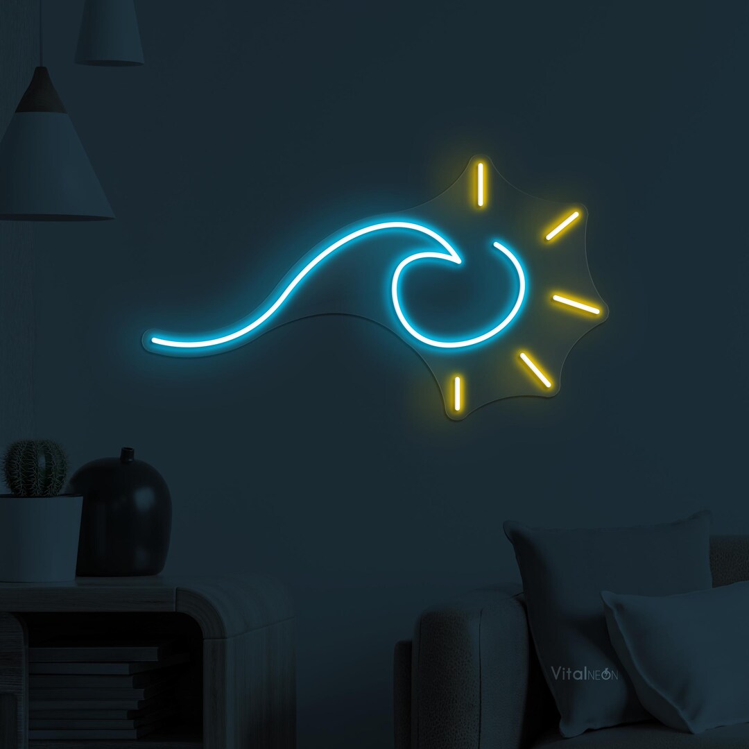 Wave With Sun Neon Sign, Wave With Sun LED Light, Wave & Sun Wall Decor ...
