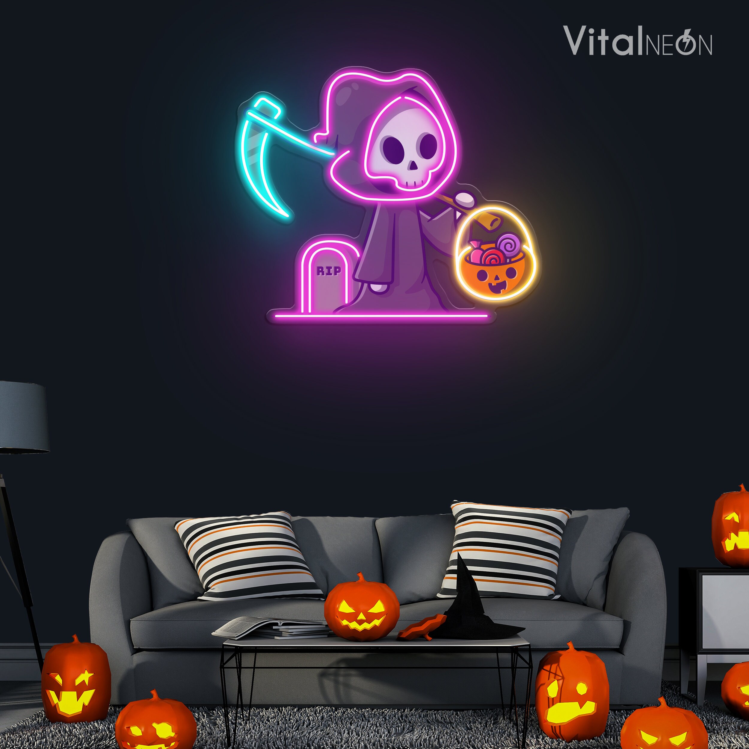 Skull Reaper Neon Sign, Reaper LED Neon Pop Art, Halloween Wall Art ...