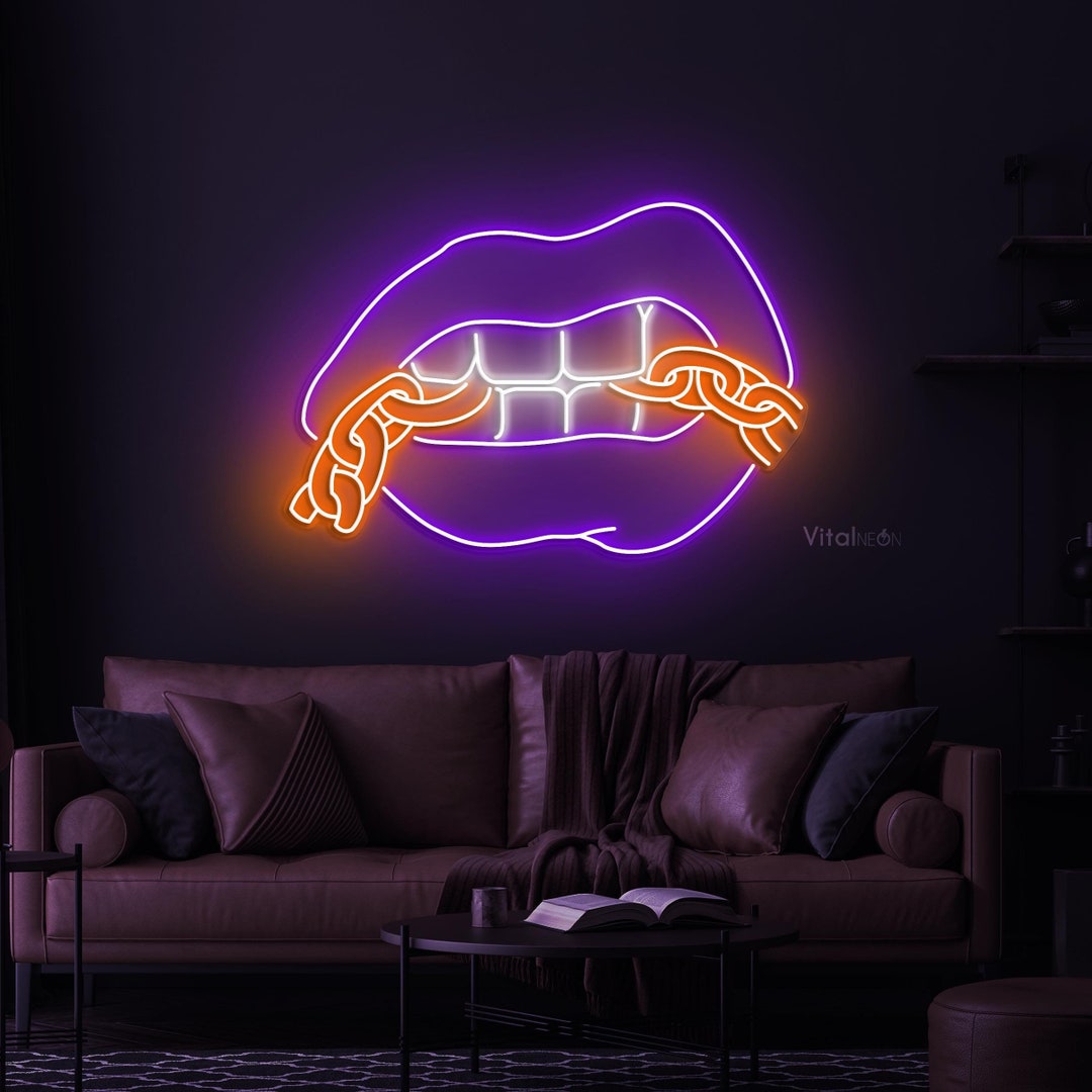 Lips Bite Chain Neon Sign, Lips Bite Chains LED Light, Lips Light ...