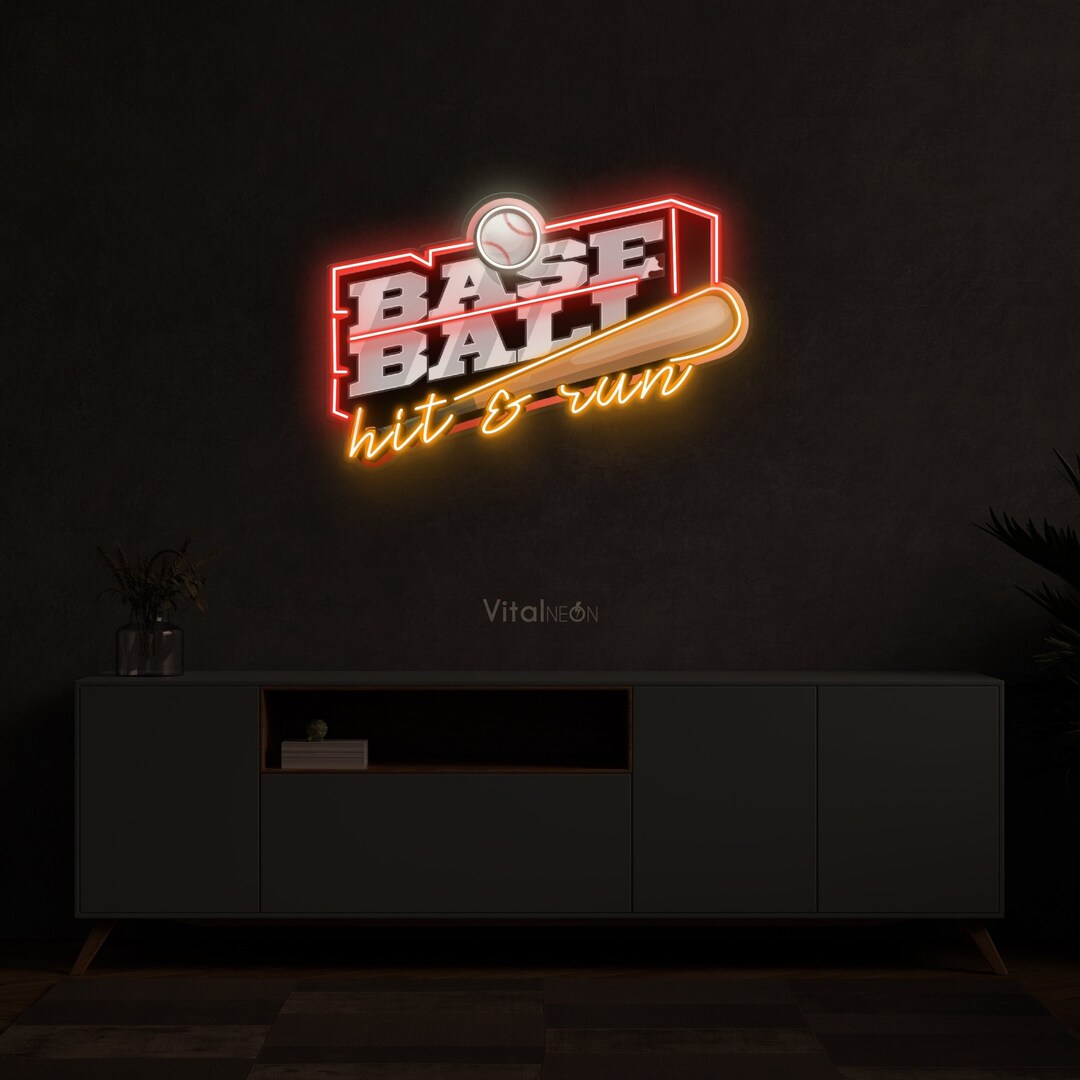 Baseball Neon Sign, Hit and Run Wall Art, Sports Bar Decor, Kids Room ...