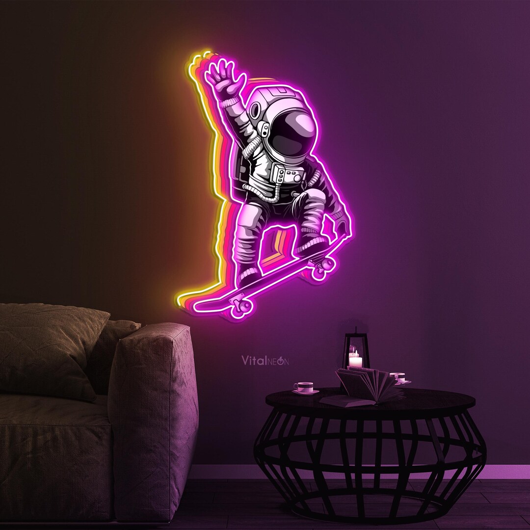 Astronaut Skateboard Neon Sign, LED Pop Art, Spaceman Light, Skateboard ...