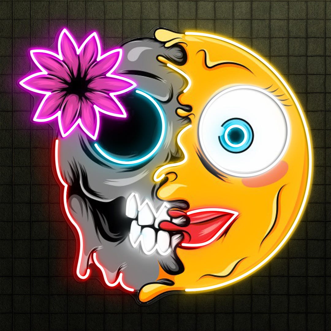 Half Skull Half Emoji Neon Sign, Cute Emoji LED Pop Art, Flower and Eye ...