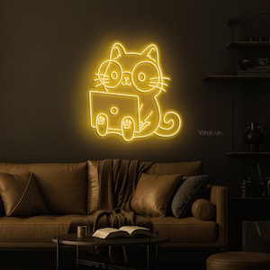 Cat on Laptop Neon Sign, Cat on Laptop LED Light, Tech Cat LED Neon Art ...