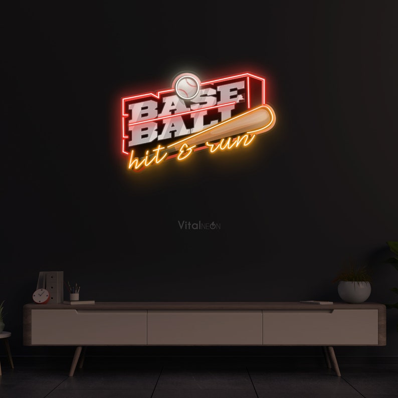 Baseball Neon Sign, Hit and Run Wall Art, Sports Bar Decor, Kids Room ...