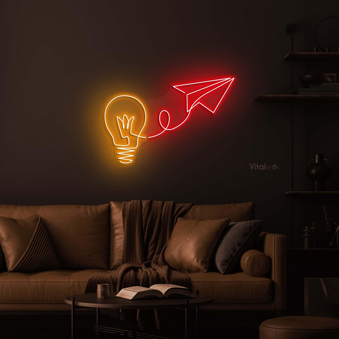Bulb and Paper Airplane Neon Sign, Innovation LED Wall Art, Bulb Neon ...