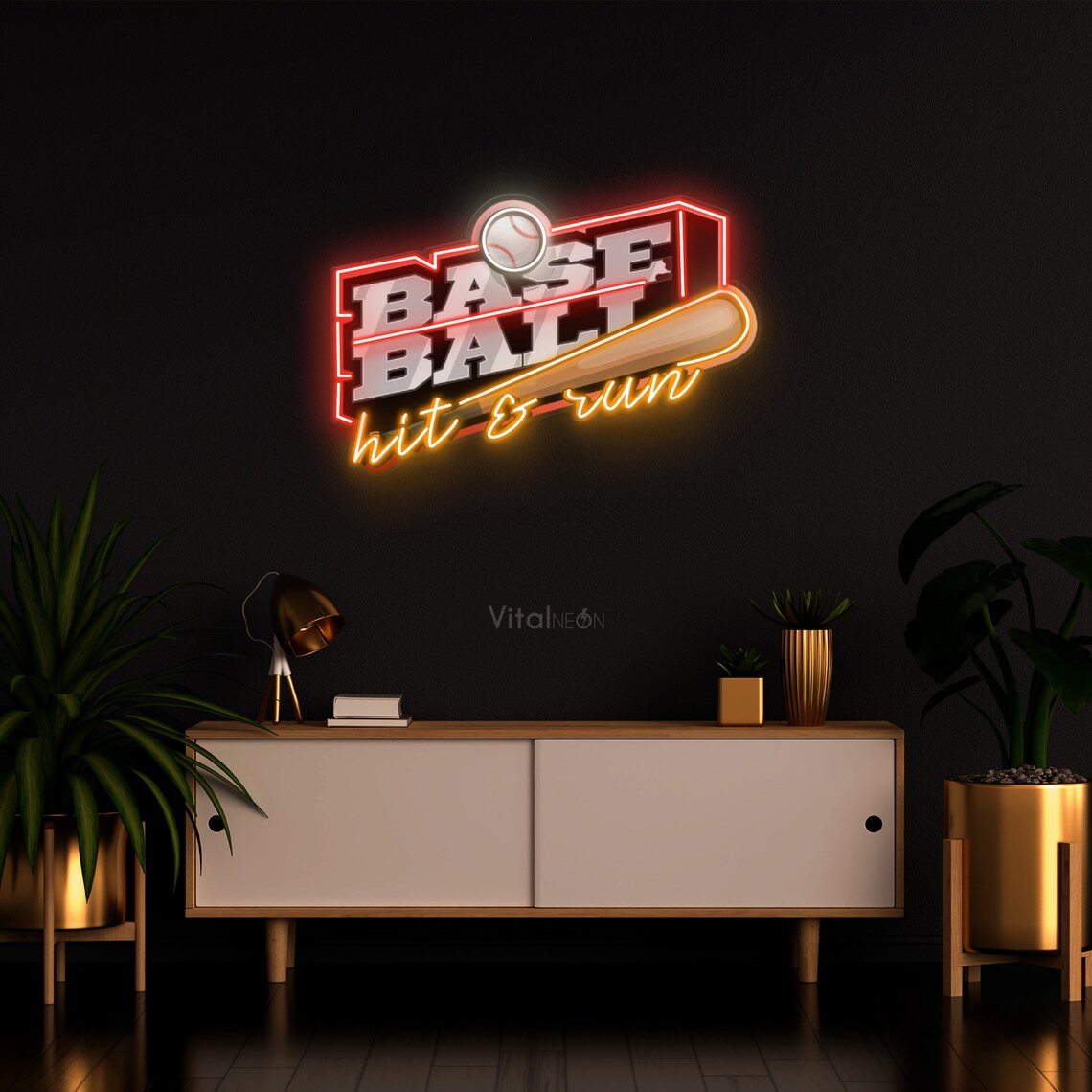 Baseball Neon Sign, Hit and Run Wall Art, Sports Bar Decor, Kids Room ...