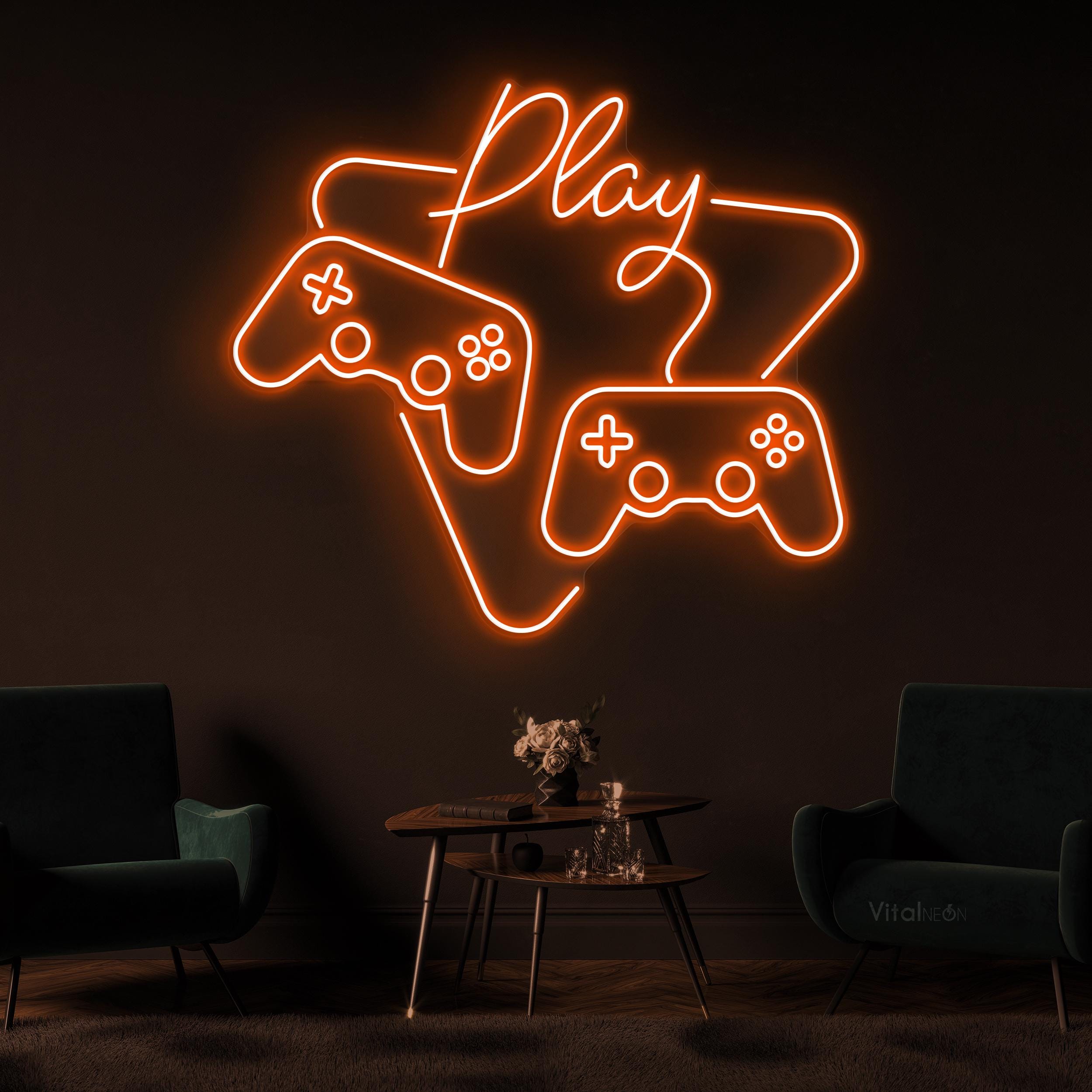 Play Neon Sign LED Light Game Controller Wall Art Gaming Room Man Cave ...