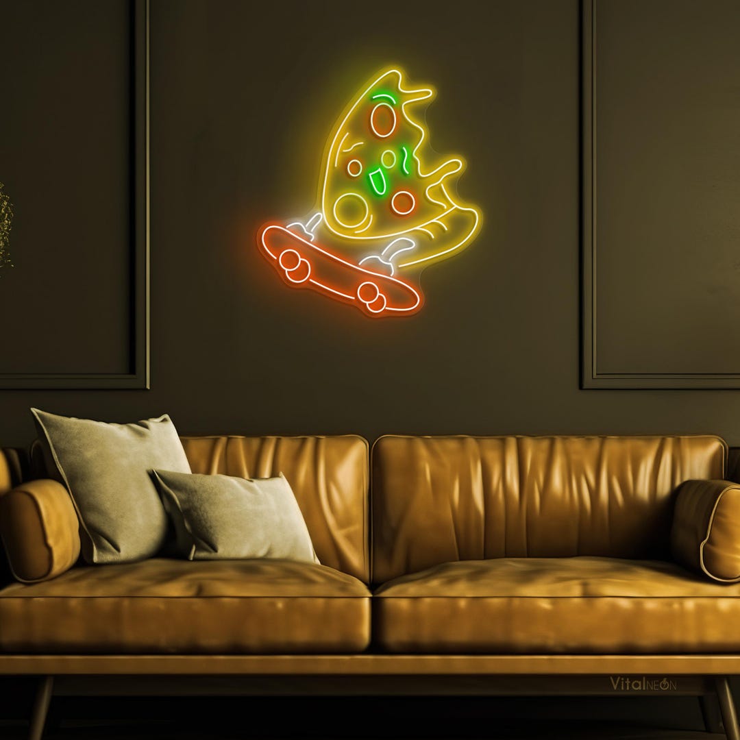 Pizza Skateboard Neon Sign, Pizza Skateboard Neon Light, Game Room Wall ...