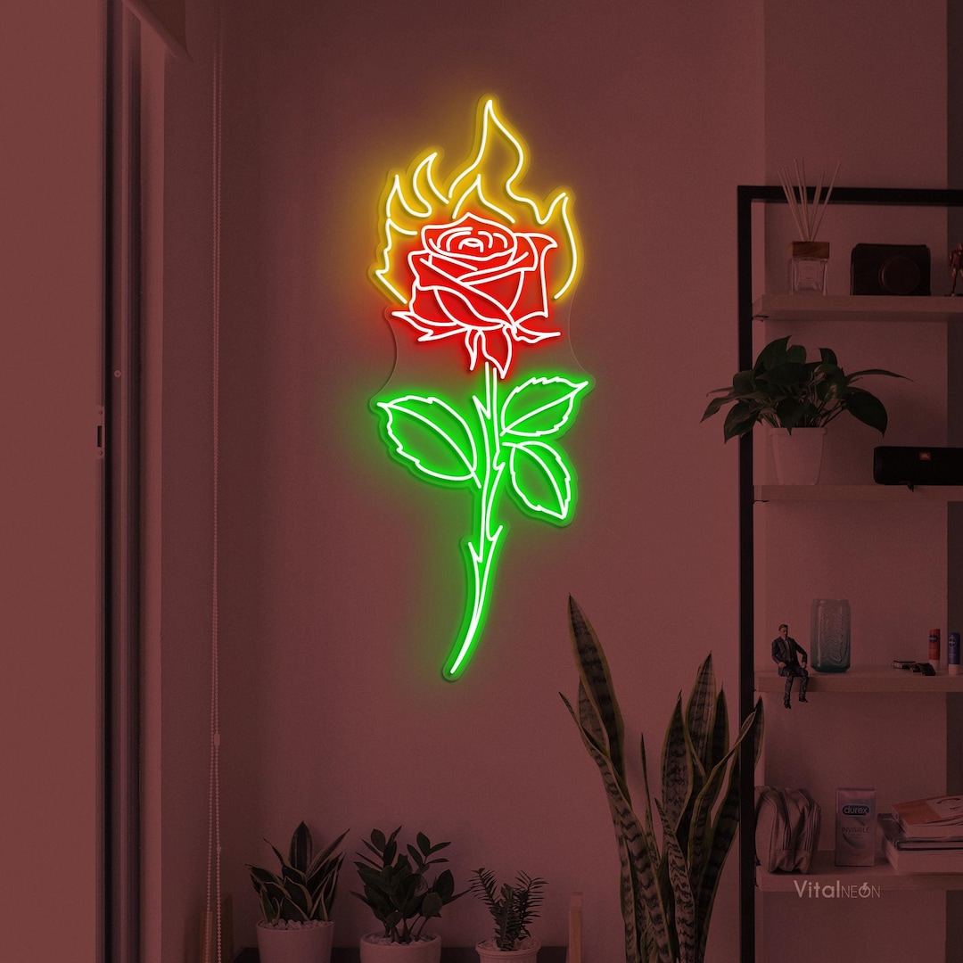 Flaming Rose Neon Sign, Flaming Rose Light, Fiery Flower Wall Decor ...