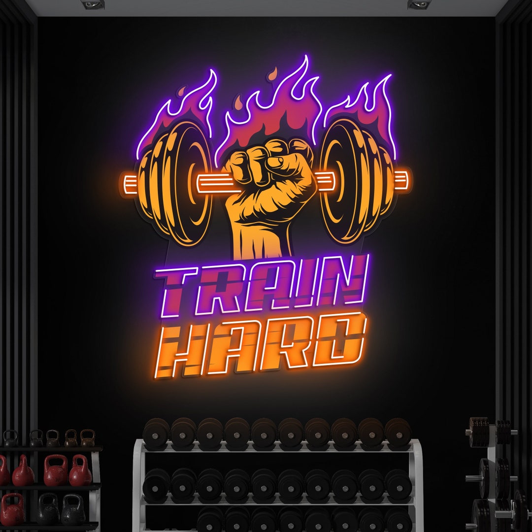 Train Hard LED Neon Light, Dumbbell Neon Light, Gym Decor, Custom Neon ...