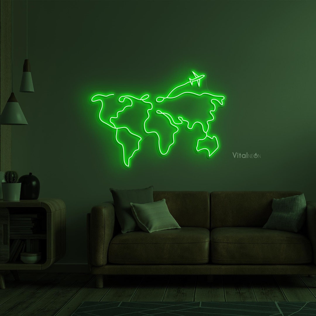 World Map Neon Sign, World Map With Airplane LED Light, World Map LED ...