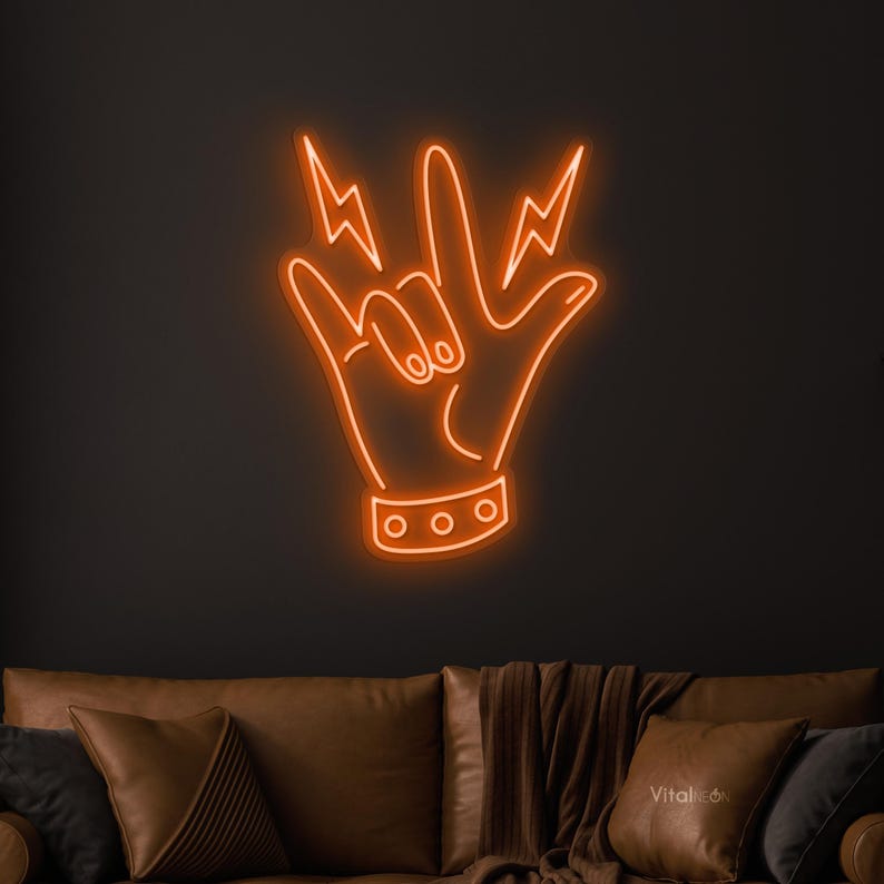 Rock on Hand Neon Sign, Rock on Hand LED Sign, Rock and Roll Hand Wall ...