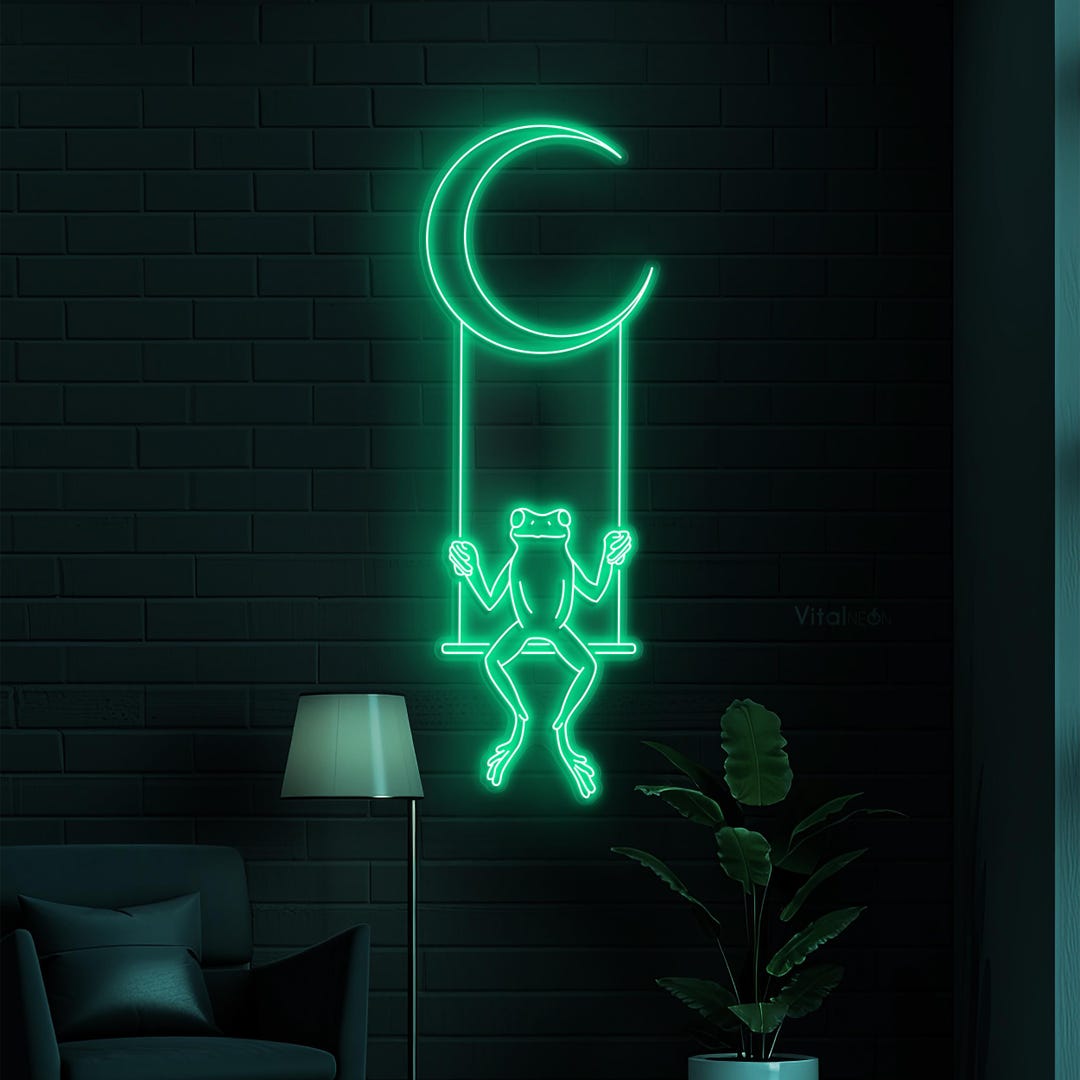 Frog on Moon Swing Neon Sign, Frog on Moon Swing LED Light, Frog Moon ...