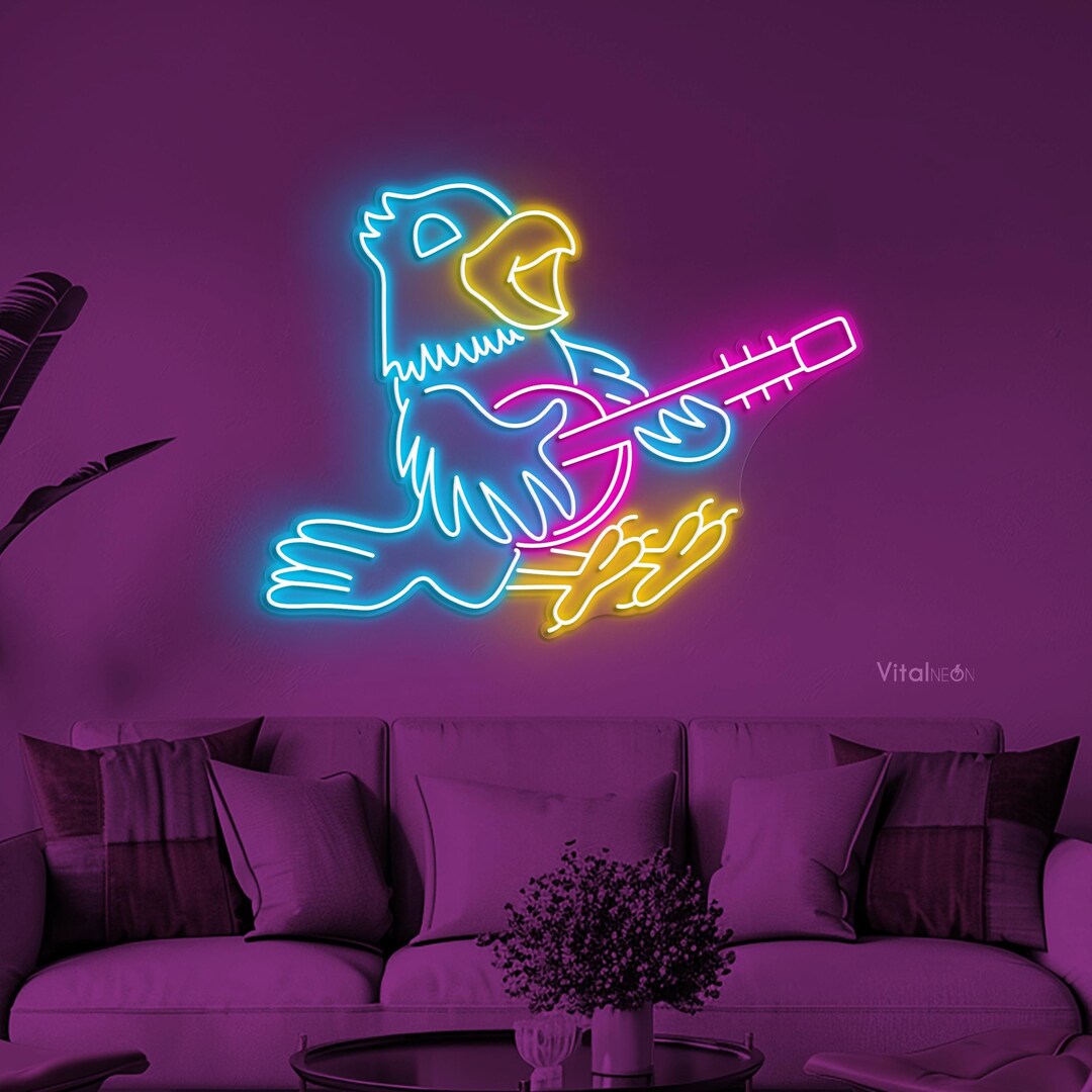 Parrot With Guitar Neon Sign, Parrot With Guitar LED Sign, Cute Parrot ...