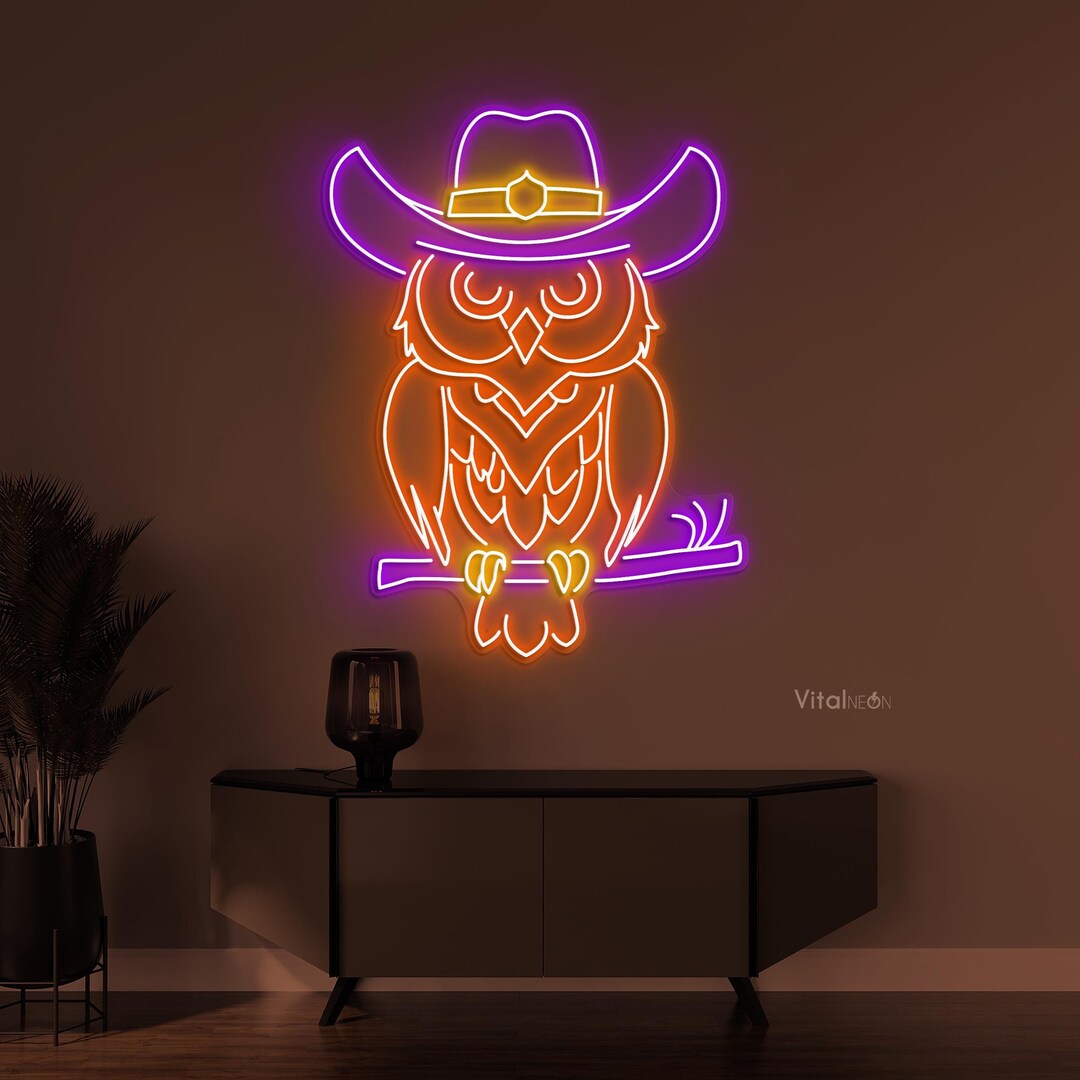Owl Neon Sign, Owl With Hat LED Light, Cowboy Bird Wall Decor, Custom ...
