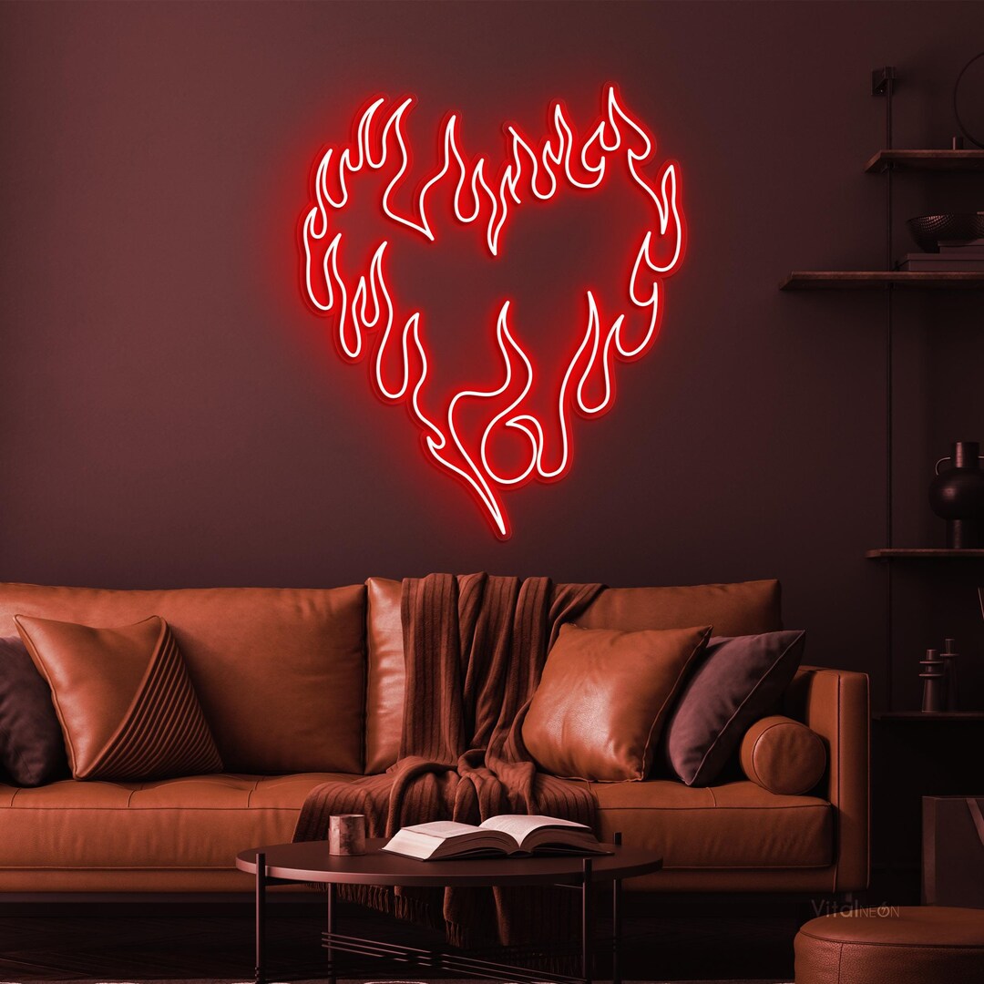 Flame Heart Neon Sign, Flame Heart LED Light, Fire Heart Wall Art ...