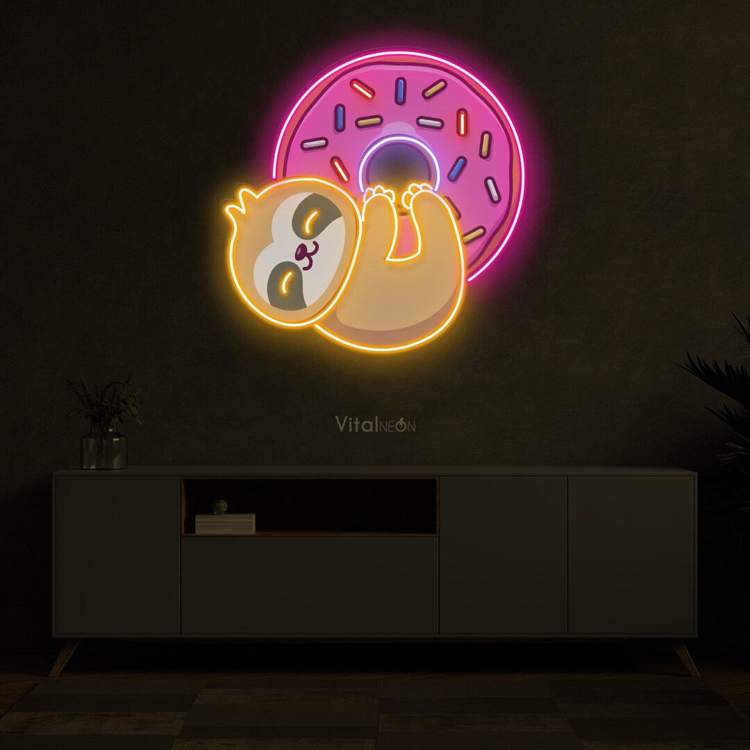 Sloth Donut Neon Light, Sloth Hugging Donut Neon Sign, Donut Store Wall ...