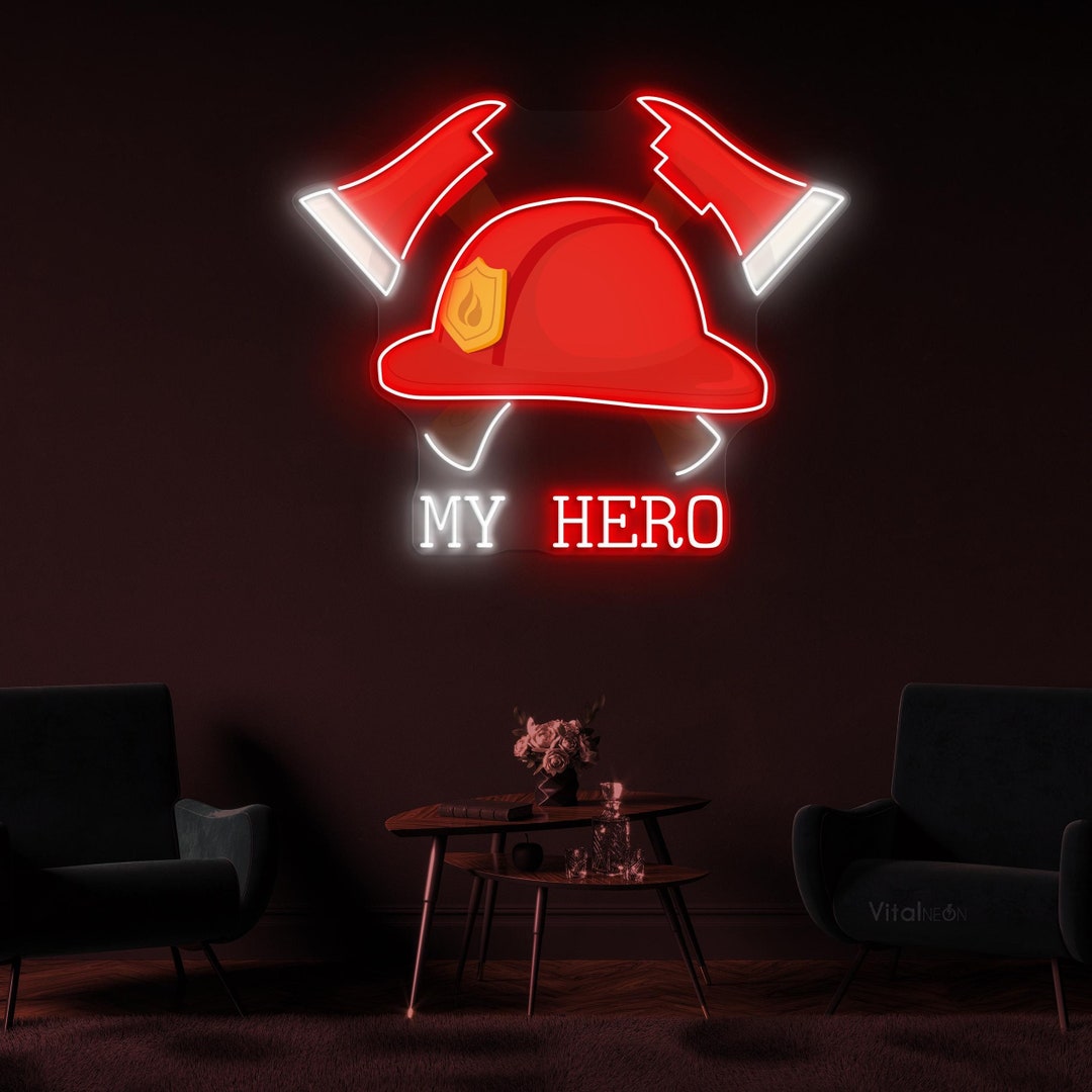 My Hero Neon Sign, My Hero Firefighter LED Light, Firefighter Helmet ...