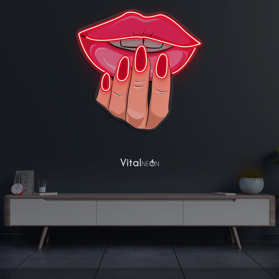 Hands-on Lips Neon Sign, Led Pop Art, Lips Fingers Nail Sign, Beauty ...