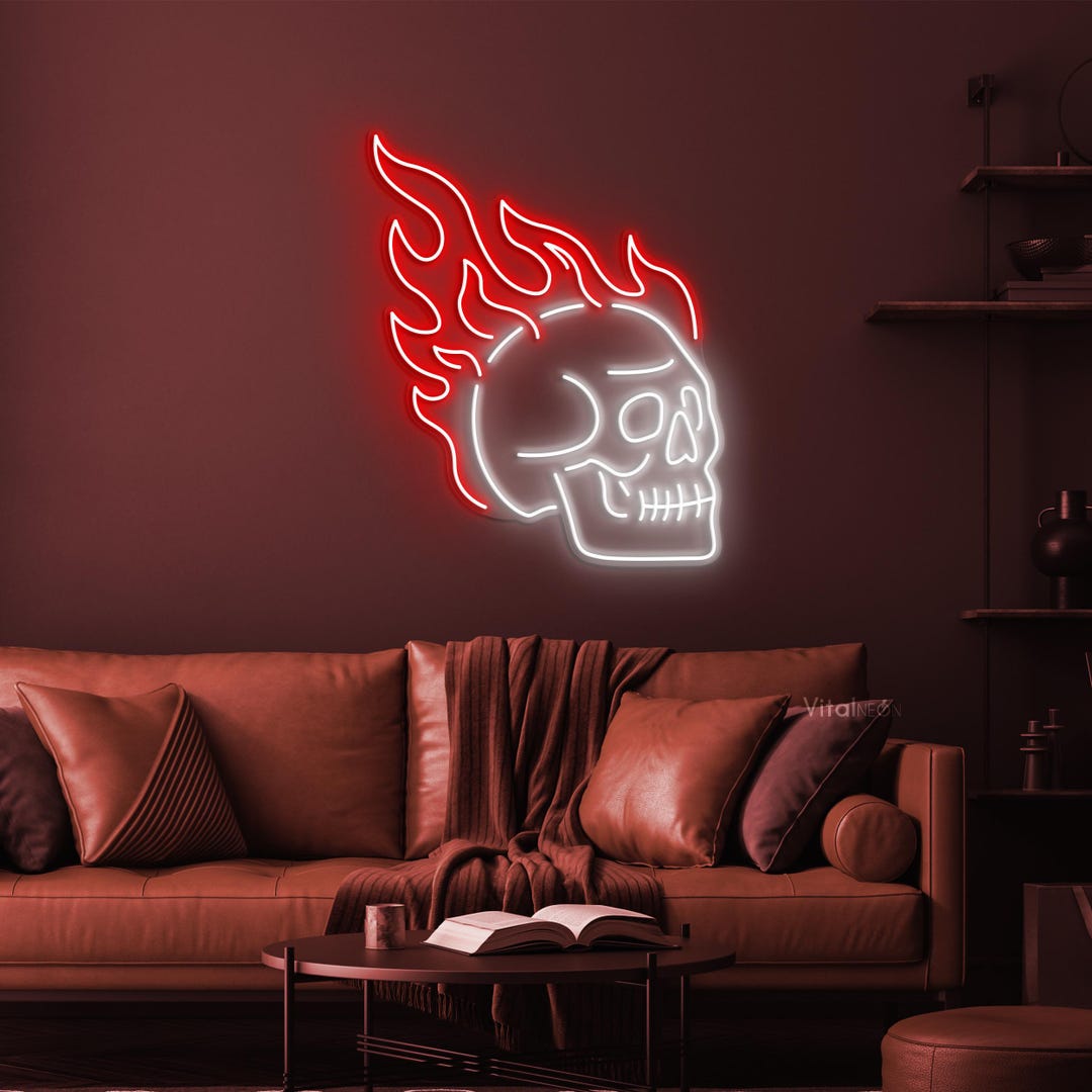 Flaming Skull Neon Sign, Flaming Skull LED Light, Fire Skull Wall Art ...