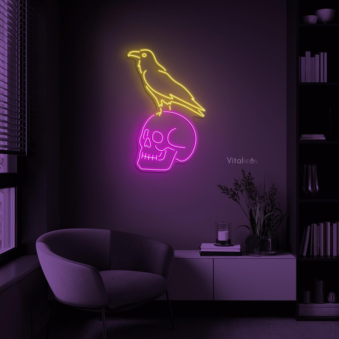 Crow on Skull Neon Sign, LED Raven on Skull Light, Gothic Wall Art for ...