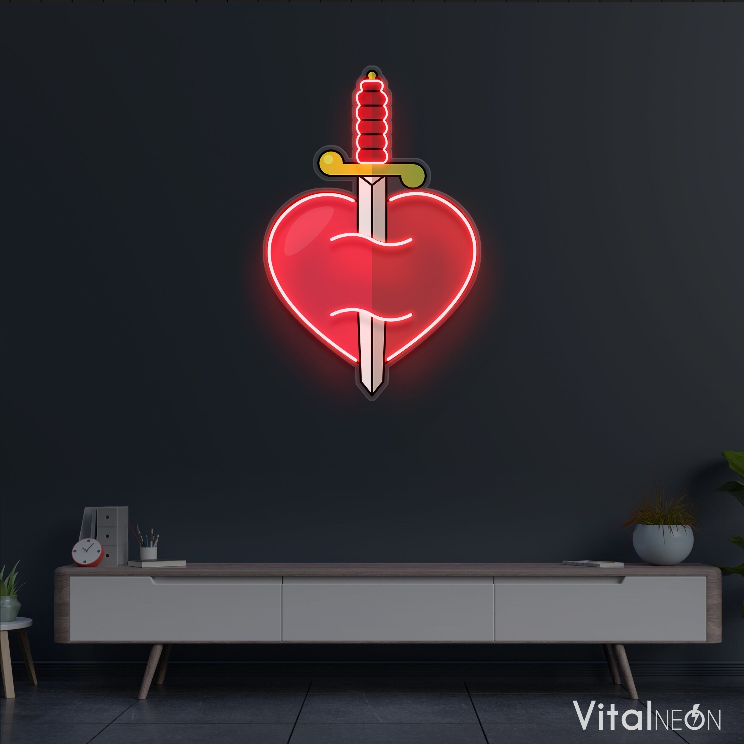 Heart Sword Neon Sign LED Romantic Wall Decor Love Art for Gamers UV ...