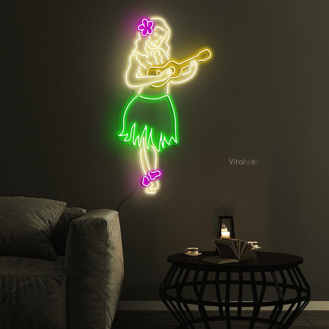 Girl With Guitar Neon Sign, Hula Girl Neon Light, Hula Dancer Led Neon ...