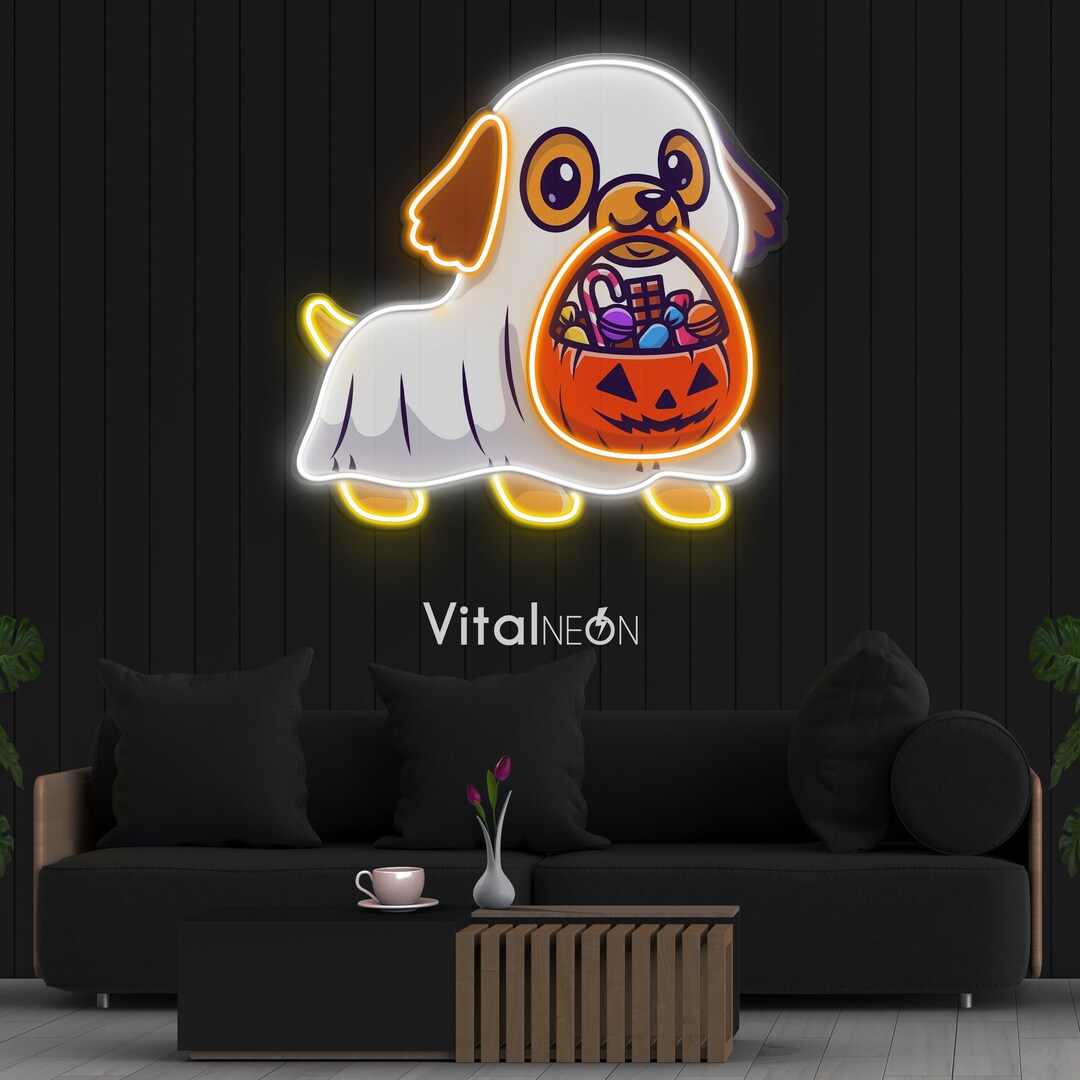 Ghost Dog Pumpkin Neon Sign, Cute Dog Neon Light, Pop Art Neon Sign ...