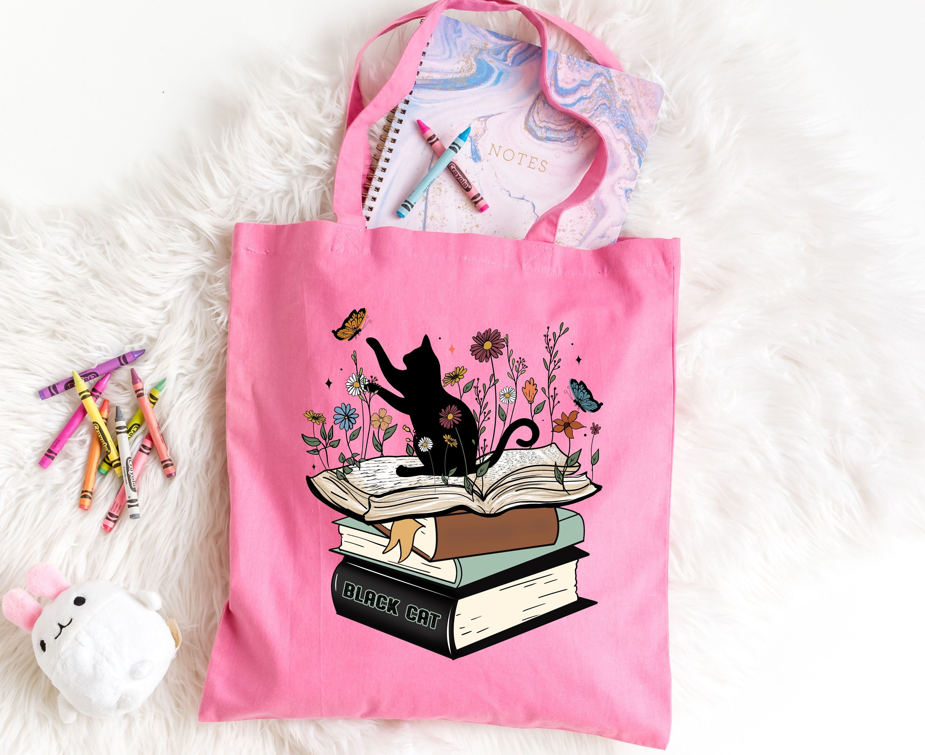 Cat With Book and Flowers Tote Bag, Bookish Shoulder Bags, Cute Cat and ...