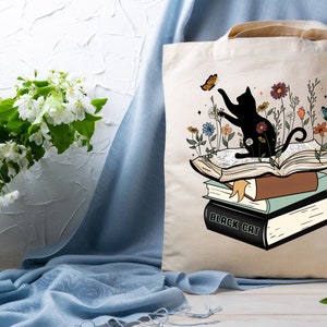 Cat With Book and Flowers Tote Bag, Bookish Shoulder Bags, Cute Cat and ...