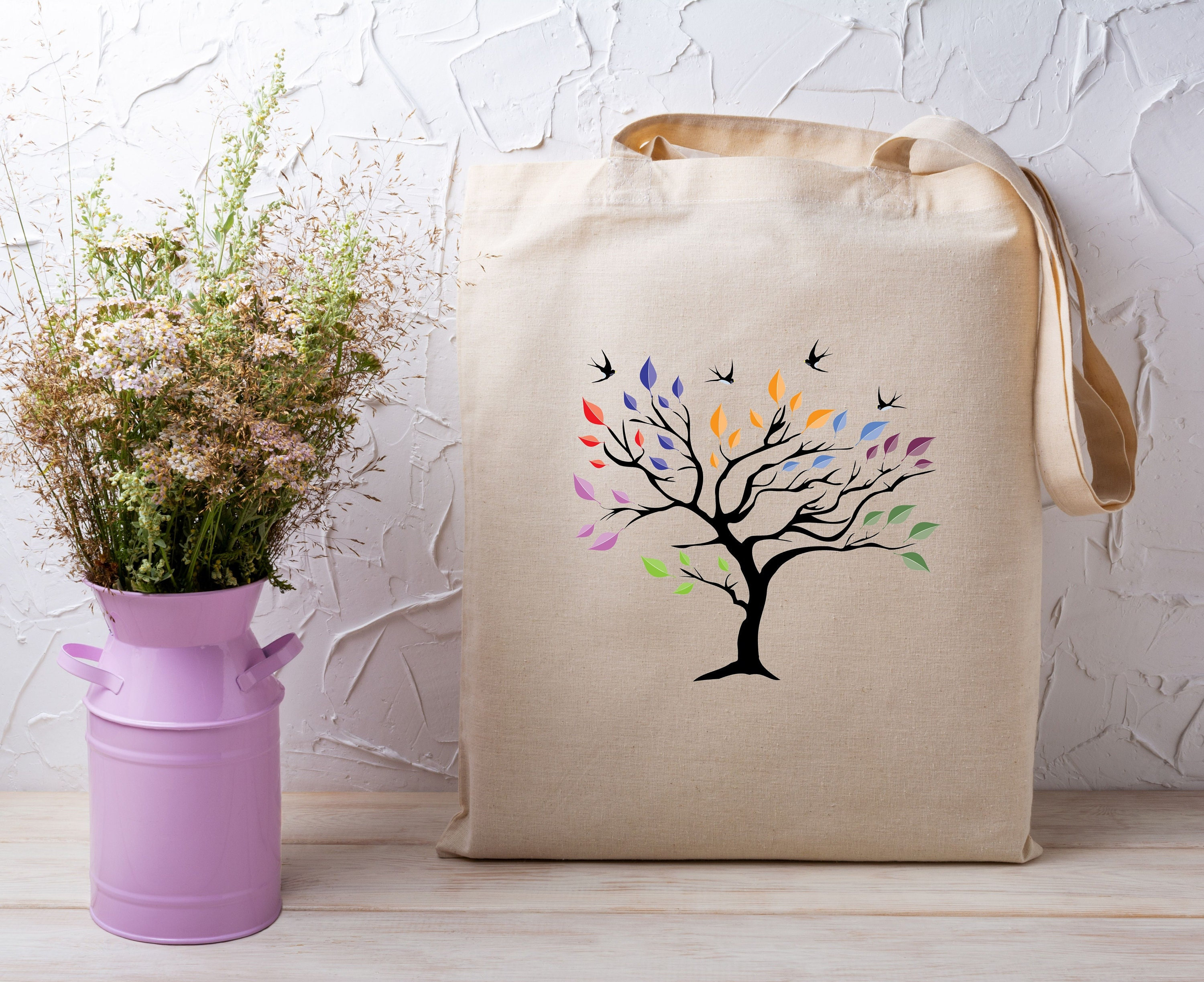 Eco Tote Bag With Tree and Birds, Tote Bag Aesthetic, Tree Tote Bag ...