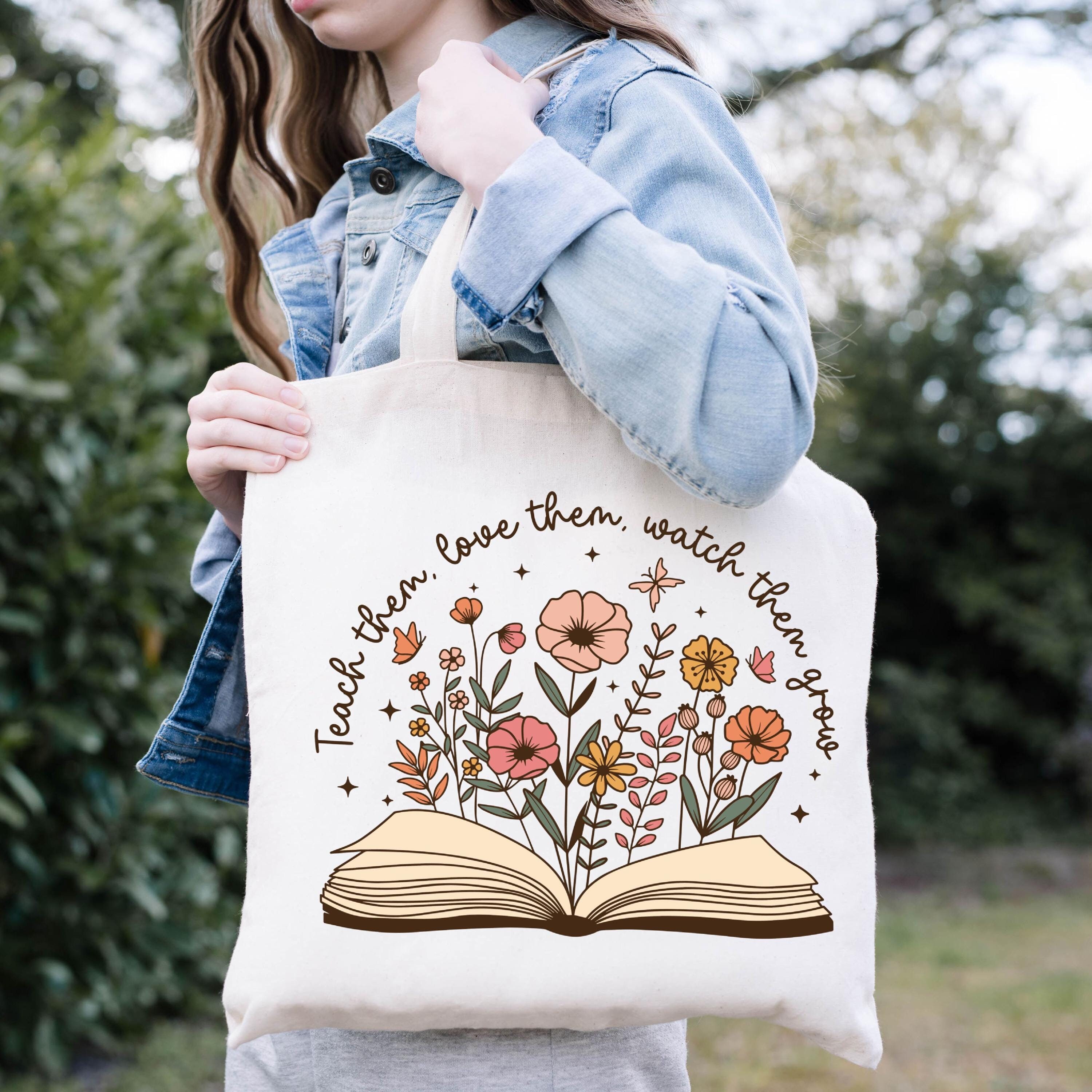 Floral Book Tote Bag, Gift for Teacher, Book Bag, Book Lover Gift ...