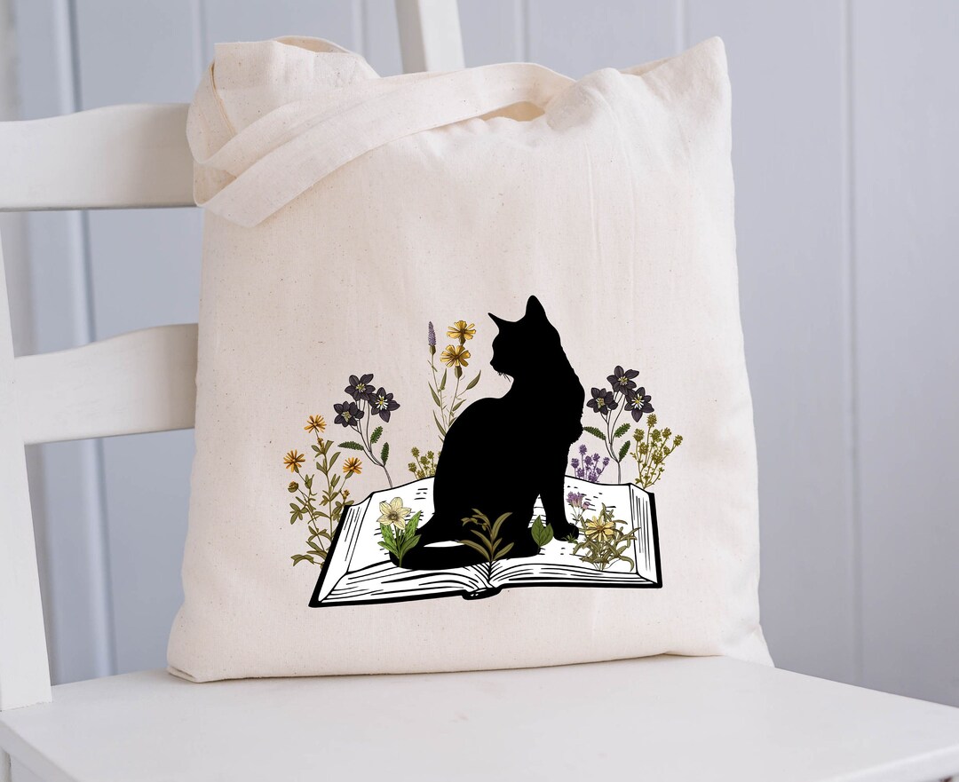 Cute Floral Book Tote Bag, Tote for Book Lovers, Tote for Cat Lovers ...