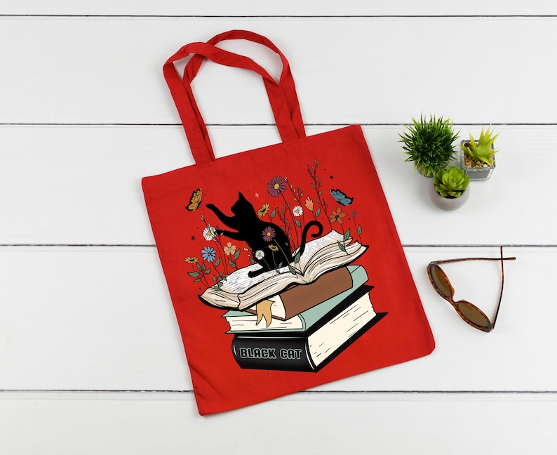 Cat With Book and Flowers Tote Bag, Bookish Shoulder Bags, Cute Cat and ...