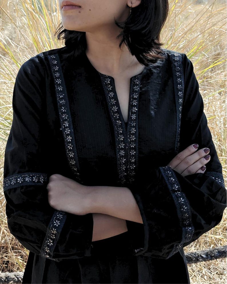 Black Cotton Kurti – Boho Peplum Mini Dress, Indian Style Laced Tunic ...