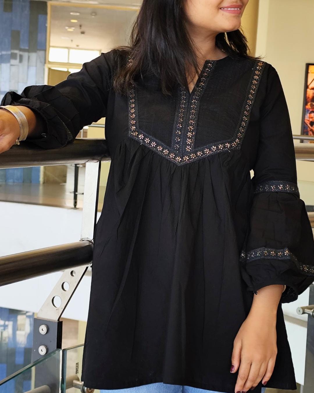 Boho Black Cotton Kurti, Women Mini Dress, Handmade Indian Style Casual ...
