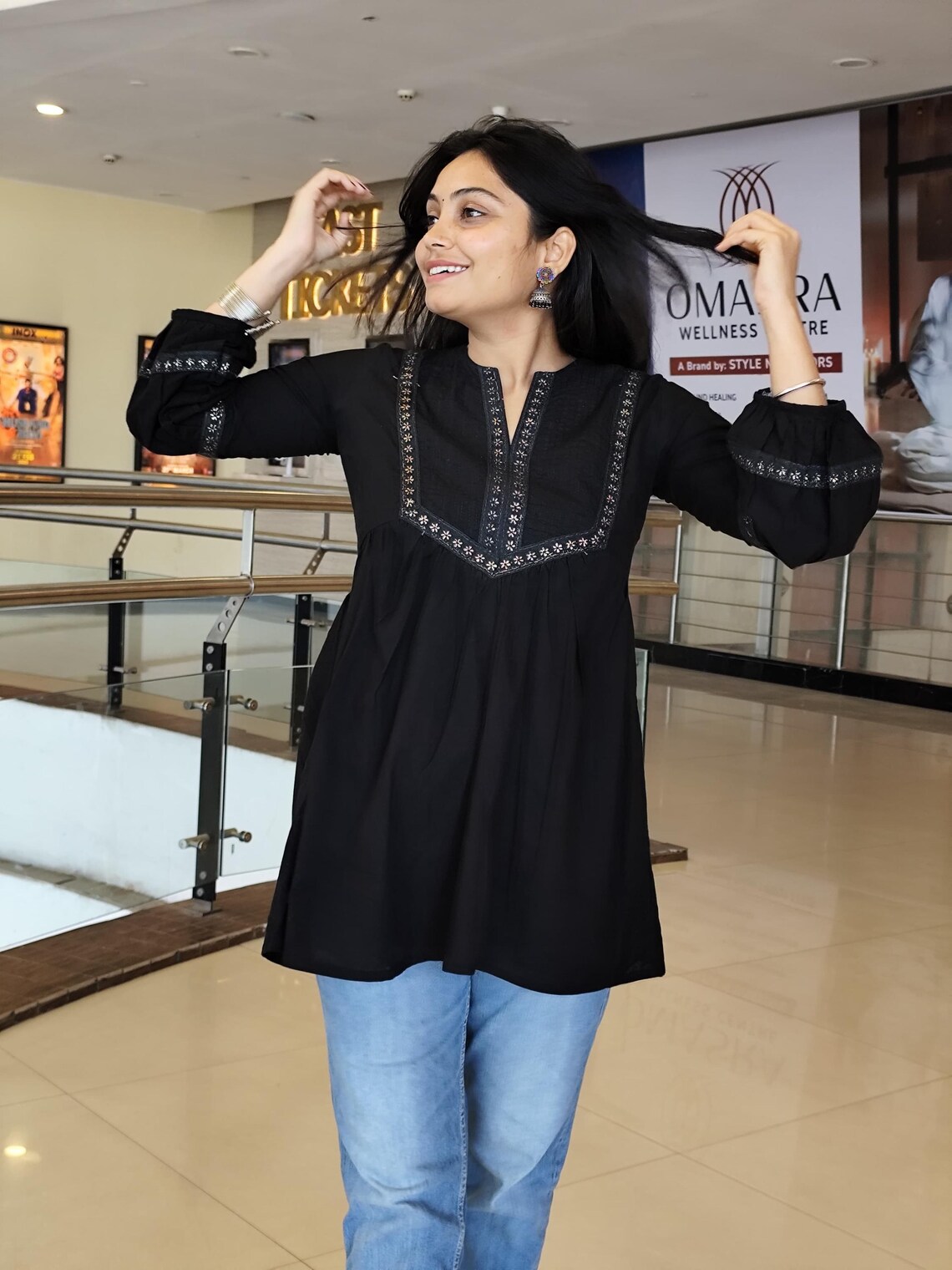 Black Cotton Kurti – Boho Peplum Mini Dress, Indian Style Laced Tunic ...