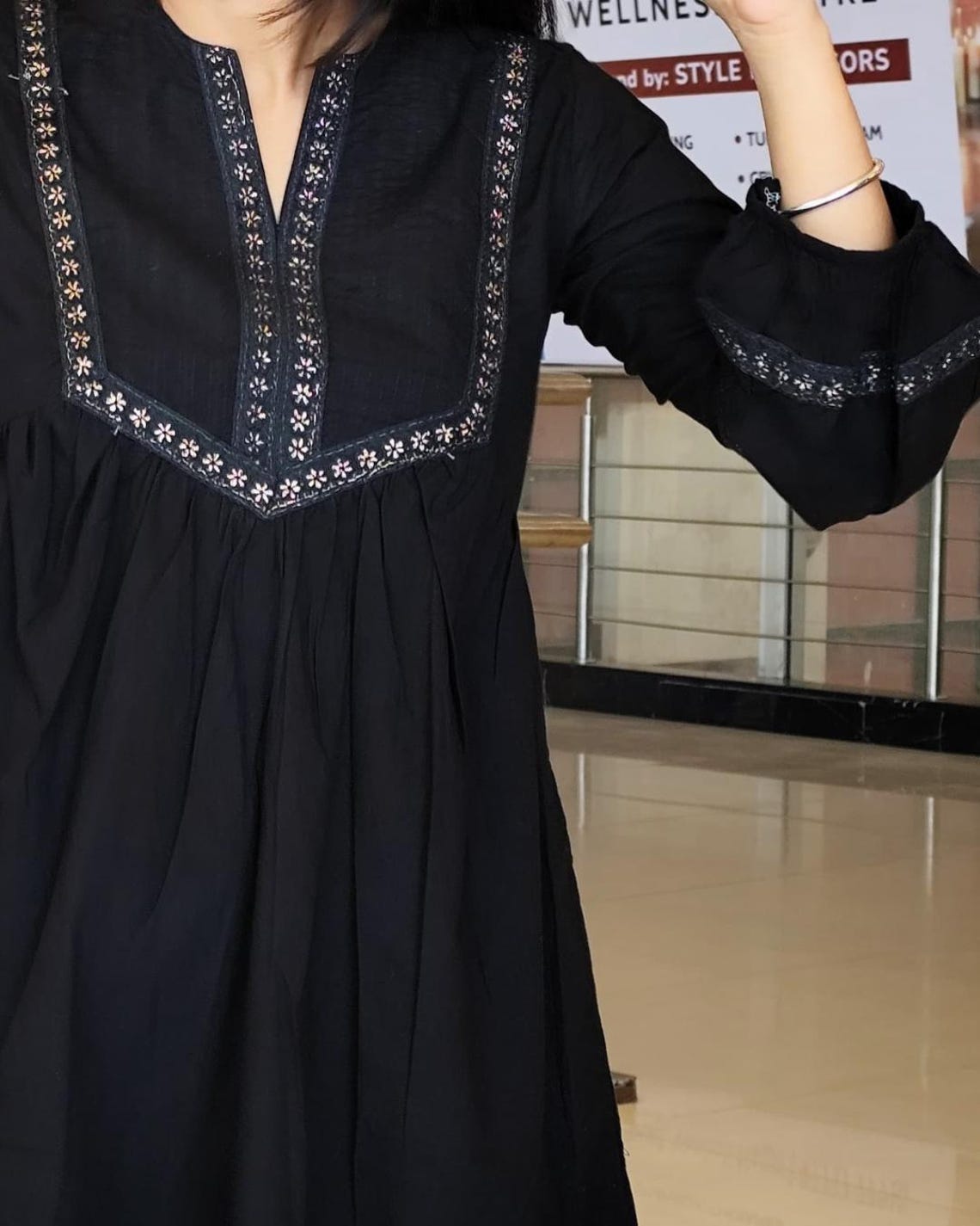 Black Cotton Kurti – Boho Peplum Mini Dress, Indian Style Laced Tunic ...