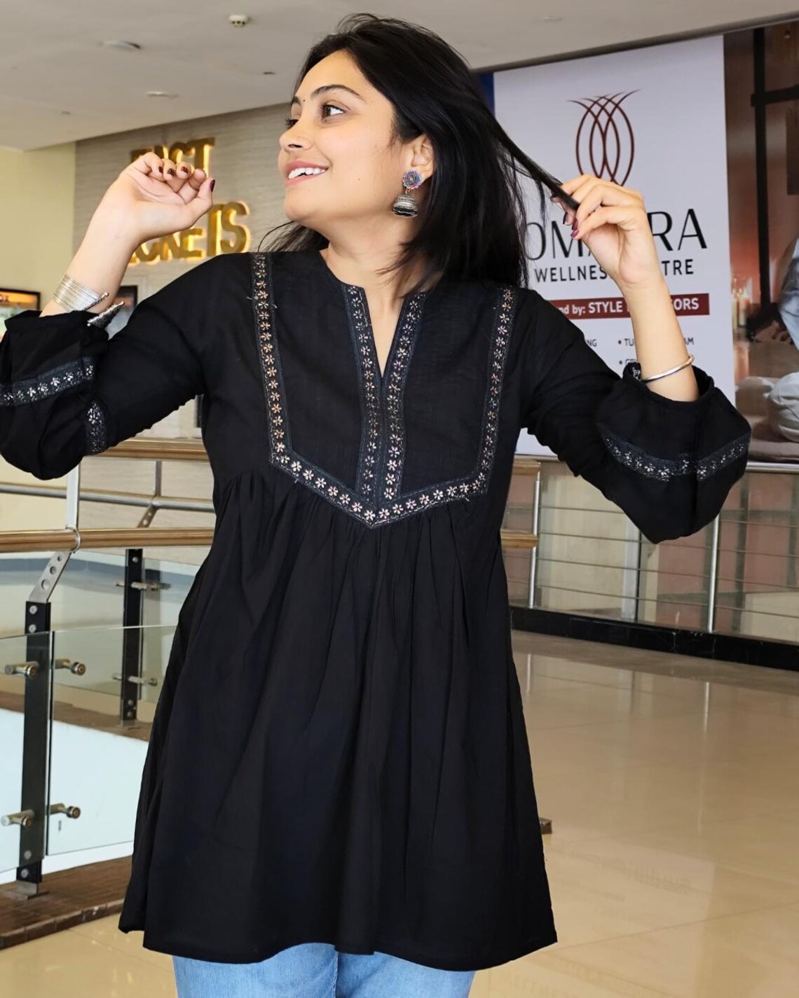 Black Cotton Kurti – Boho Peplum Mini Dress, Indian Style Laced Tunic ...