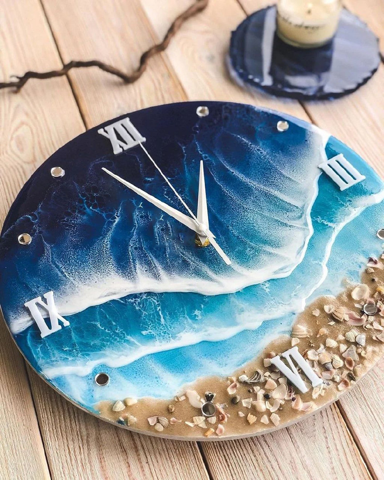 Sea Color Wall Clock With Greek Beach Sand and Ocean Color Resin ...