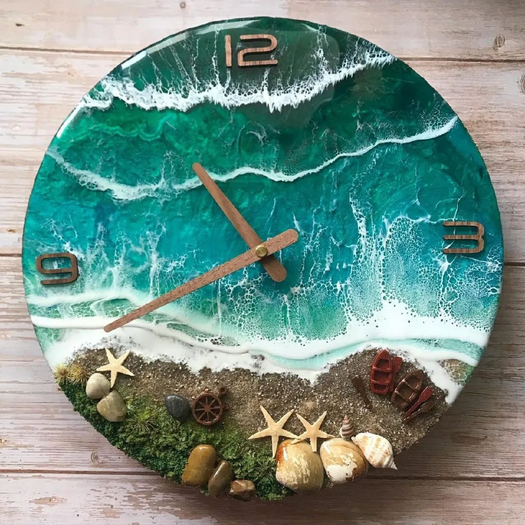 Sea Color Wall Clock With Greek Beach Sand and Ocean Color Resin ...