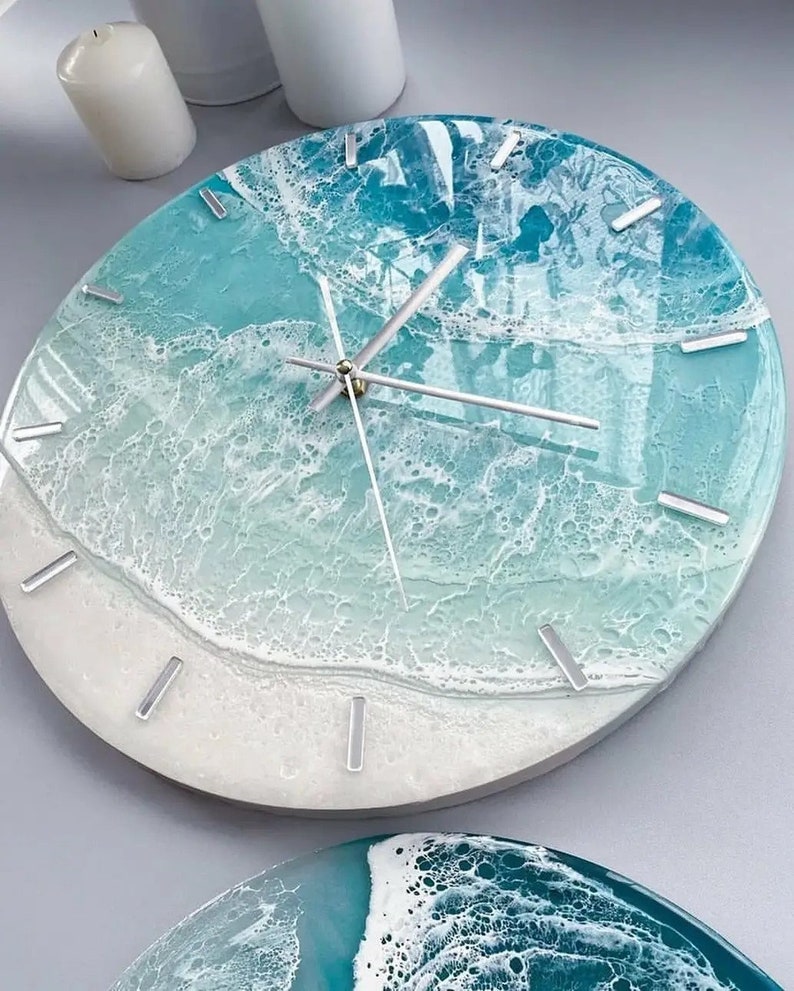 Sea Color Wall Clock With Greek Beach Sand and Ocean Color Resin ...