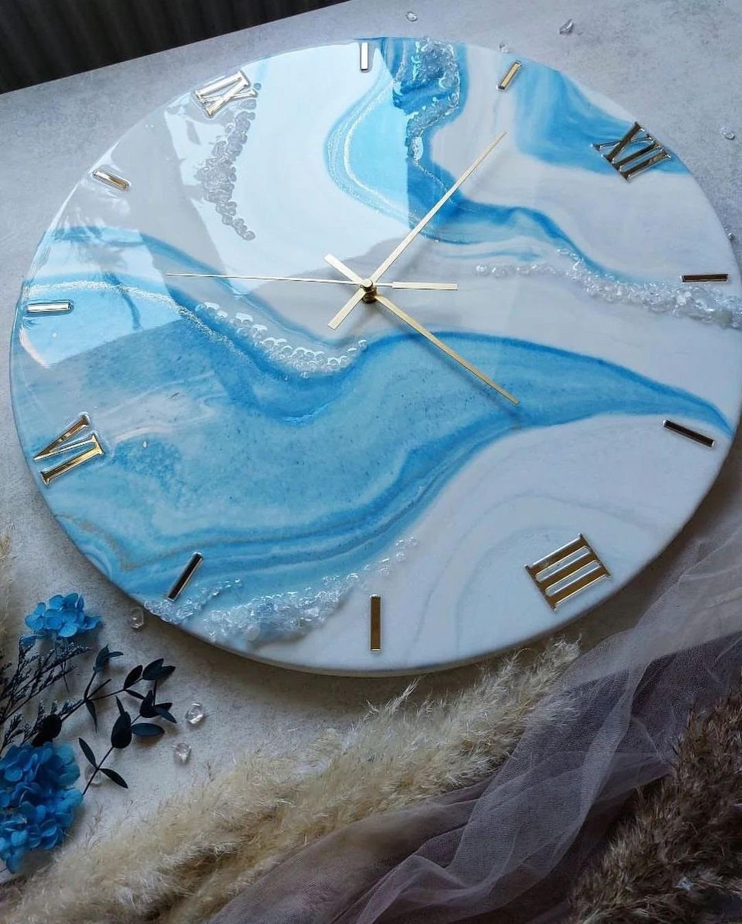 Sea Color Wall Clock With Greek Beach Sand and Ocean Color Resin ...